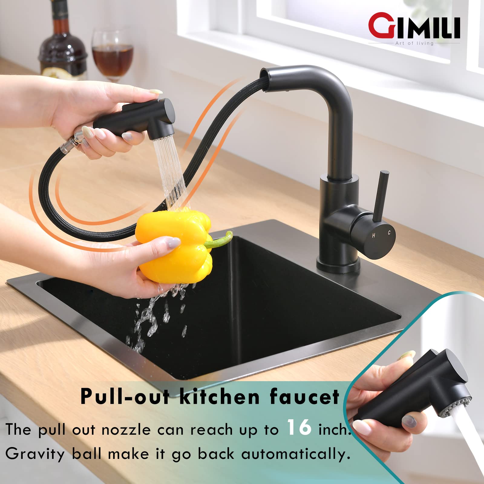 GIMILI Modern Bar Sink Faucet for Kitchen Sink Single Handle with Pull Out Sprayer Hot and Cold Prep Sink Faucet Matte Black