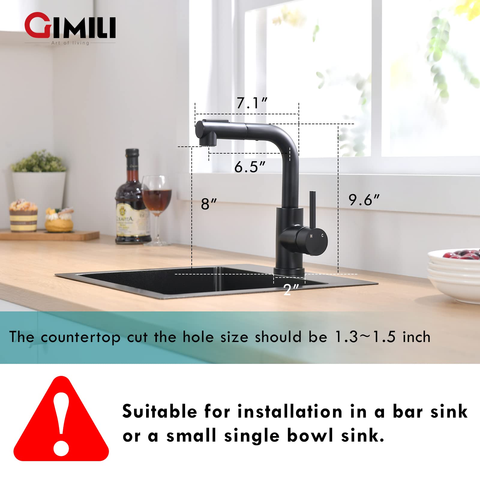 GIMILI Modern Bar Sink Faucet for Kitchen Sink Single Handle with Pull Out Sprayer Hot and Cold Prep Sink Faucet Matte Black