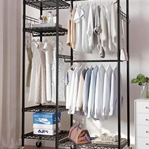 HOKEEPER Heavy Duty 6-Tier Metal Clothes Rack with Adjustable Shelves and Lockable Wheels, 860 lbs Capacity, 6 Shelves, 3 Hanging Rods, 2 Hooks, Easy Assembly