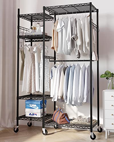 HOKEEPER Heavy Duty 6-Tier Metal Clothes Rack with Adjustable Shelves and Lockable Wheels, 860 lbs Capacity, 6 Shelves, 3 Hanging Rods, 2 Hooks, Easy Assembly