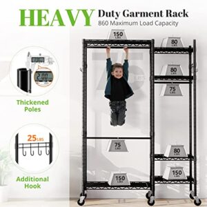 HOKEEPER Heavy Duty 6-Tier Metal Clothes Rack with Adjustable Shelves and Lockable Wheels, 860 lbs Capacity, 6 Shelves, 3 Hanging Rods, 2 Hooks, Easy Assembly