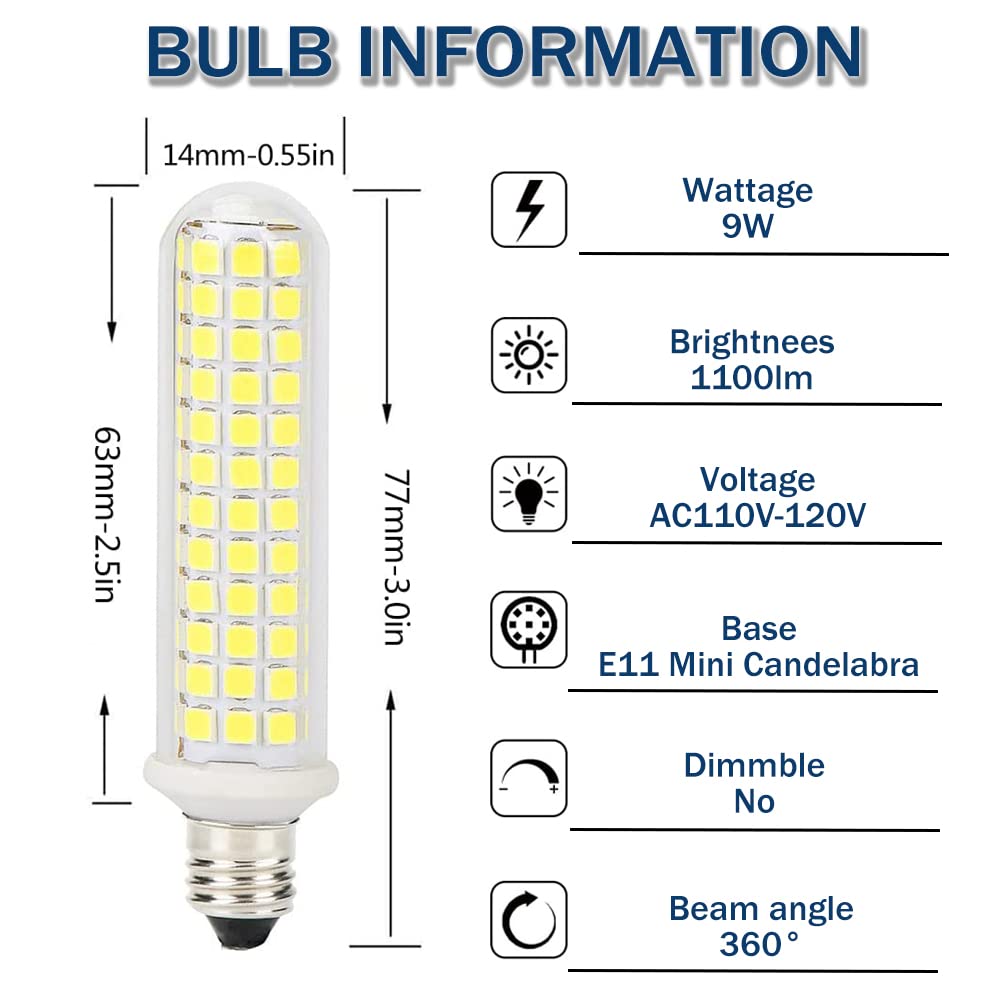 PIPIZHU E11 LED Light Bulb, E11 Mini Candelabra Base 100W Halogen Bulb Replacement, Non-dimmble 9W 1100lm AC110V-120V E11 Light Bulb for Indoor Lighting White 6000k (2 Pack)