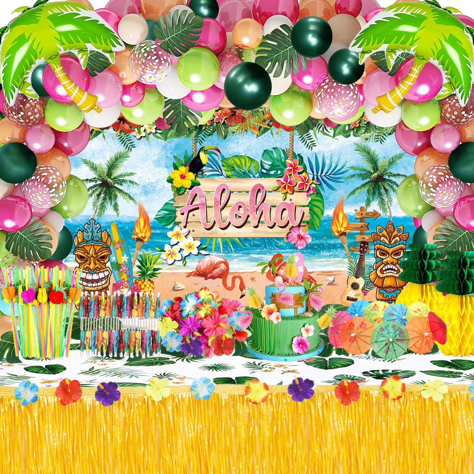 Hawaiian Luau Party Decorations(161 Pcs), Tropical Summer Beach Pool Party Supplies Including Aloha Backdrop, Table Skirt, Tablecloth, Flamingo, Palm Leaves and Hibiscus, Balloons Arch, Straws,