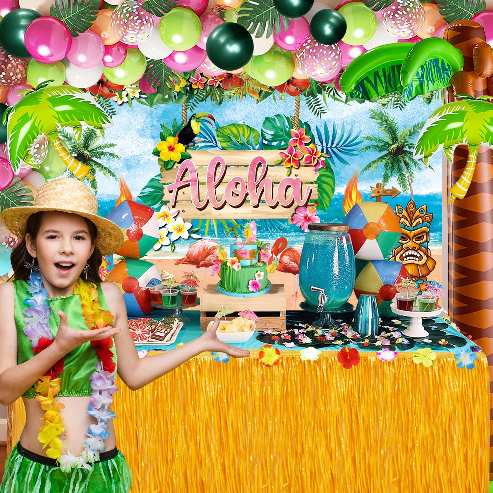 Hawaiian Luau Party Decorations(161 Pcs), Tropical Summer Beach Pool Party Supplies Including Aloha Backdrop, Table Skirt, Tablecloth, Flamingo, Palm Leaves and Hibiscus, Balloons Arch, Straws,