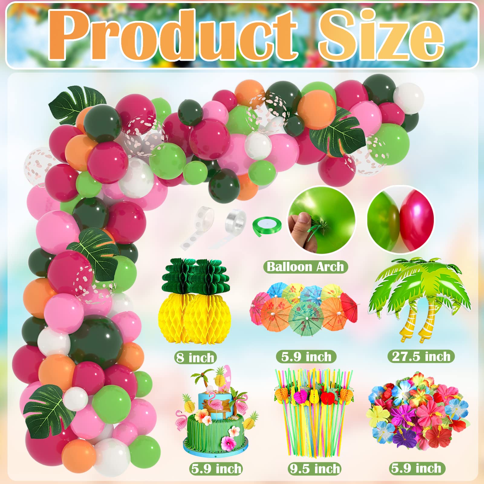 Hawaiian Luau Party Decorations(161 Pcs), Tropical Summer Beach Pool Party Supplies Including Aloha Backdrop, Table Skirt, Tablecloth, Flamingo, Palm Leaves and Hibiscus, Balloons Arch, Straws,