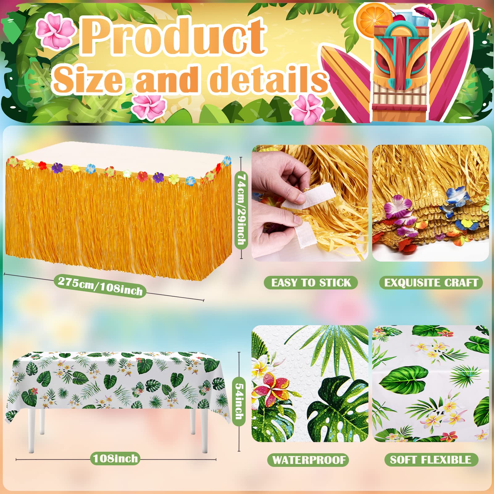 Hawaiian Luau Party Decorations(161 Pcs), Tropical Summer Beach Pool Party Supplies Including Aloha Backdrop, Table Skirt, Tablecloth, Flamingo, Palm Leaves and Hibiscus, Balloons Arch, Straws,