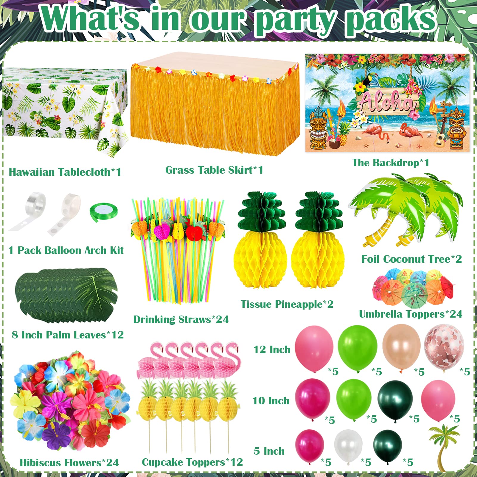 Hawaiian Luau Party Decorations(161 Pcs), Tropical Summer Beach Pool Party Supplies Including Aloha Backdrop, Table Skirt, Tablecloth, Flamingo, Palm Leaves and Hibiscus, Balloons Arch, Straws,