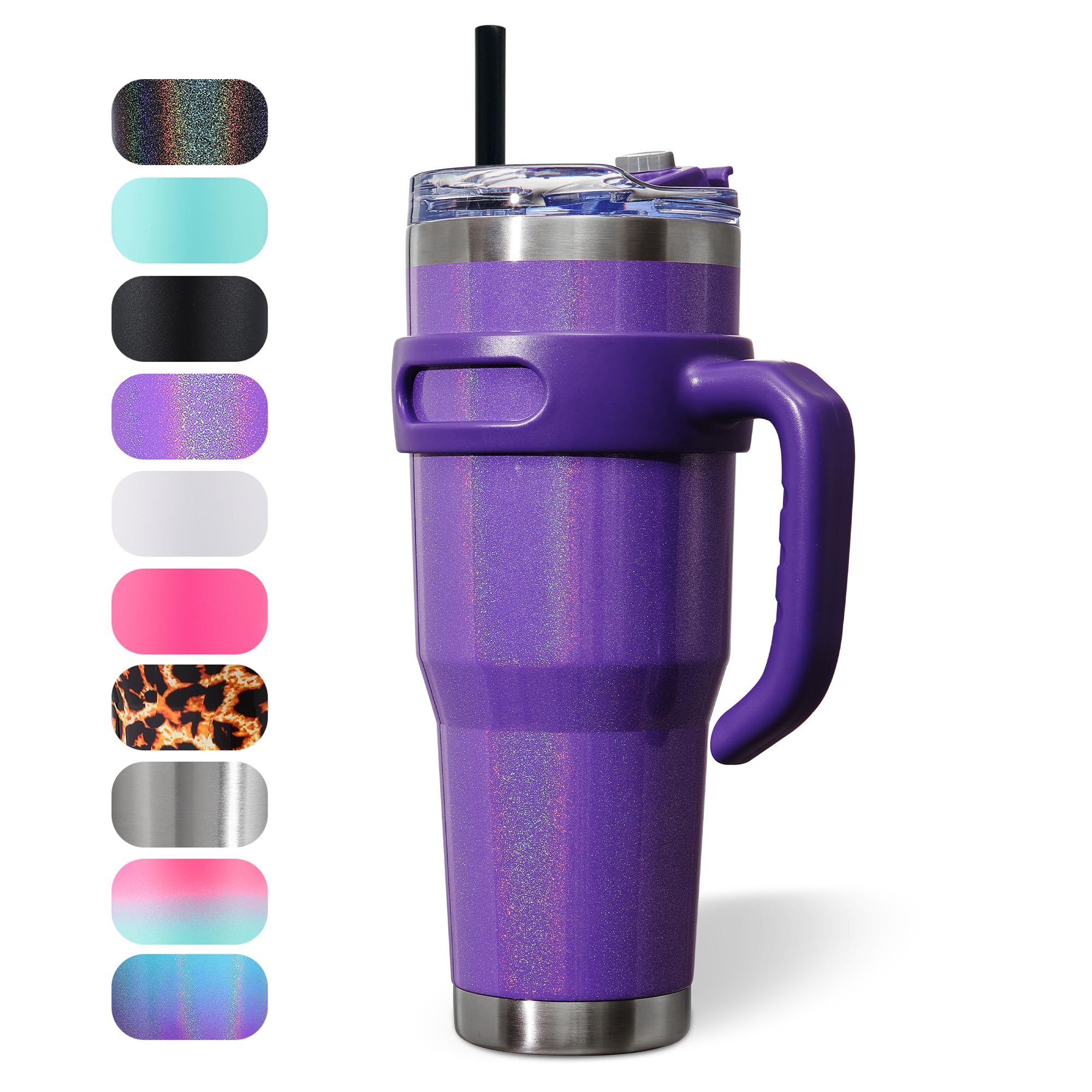 Zibtes 40oz Insulated Tumbler With Lid and Straws, Stainless Steel Double Vacuum Coffee Tumbler With Handle, lovely Travel Cup for Home, Office, Party (Glitter Purple 1 pack)