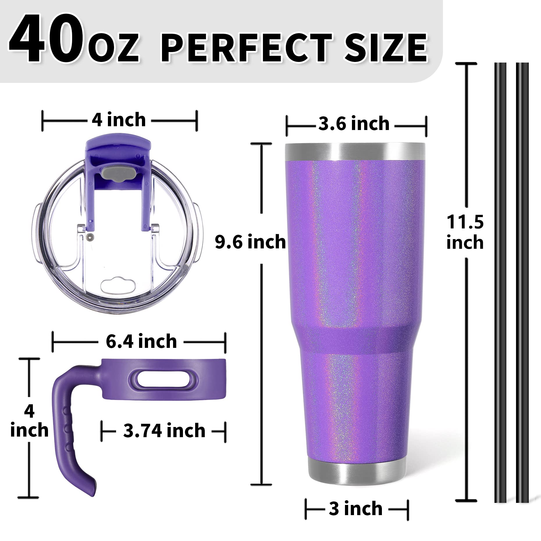 Zibtes 40oz Insulated Tumbler With Lid and Straws, Stainless Steel Double Vacuum Coffee Tumbler With Handle, lovely Travel Cup for Home, Office, Party (Glitter Purple 1 pack)