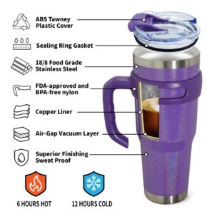 Zibtes 40oz Insulated Tumbler With Lid and Straws, Stainless Steel Double Vacuum Coffee Tumbler With Handle, lovely Travel Cup for Home, Office, Party (Glitter Purple 1 pack)