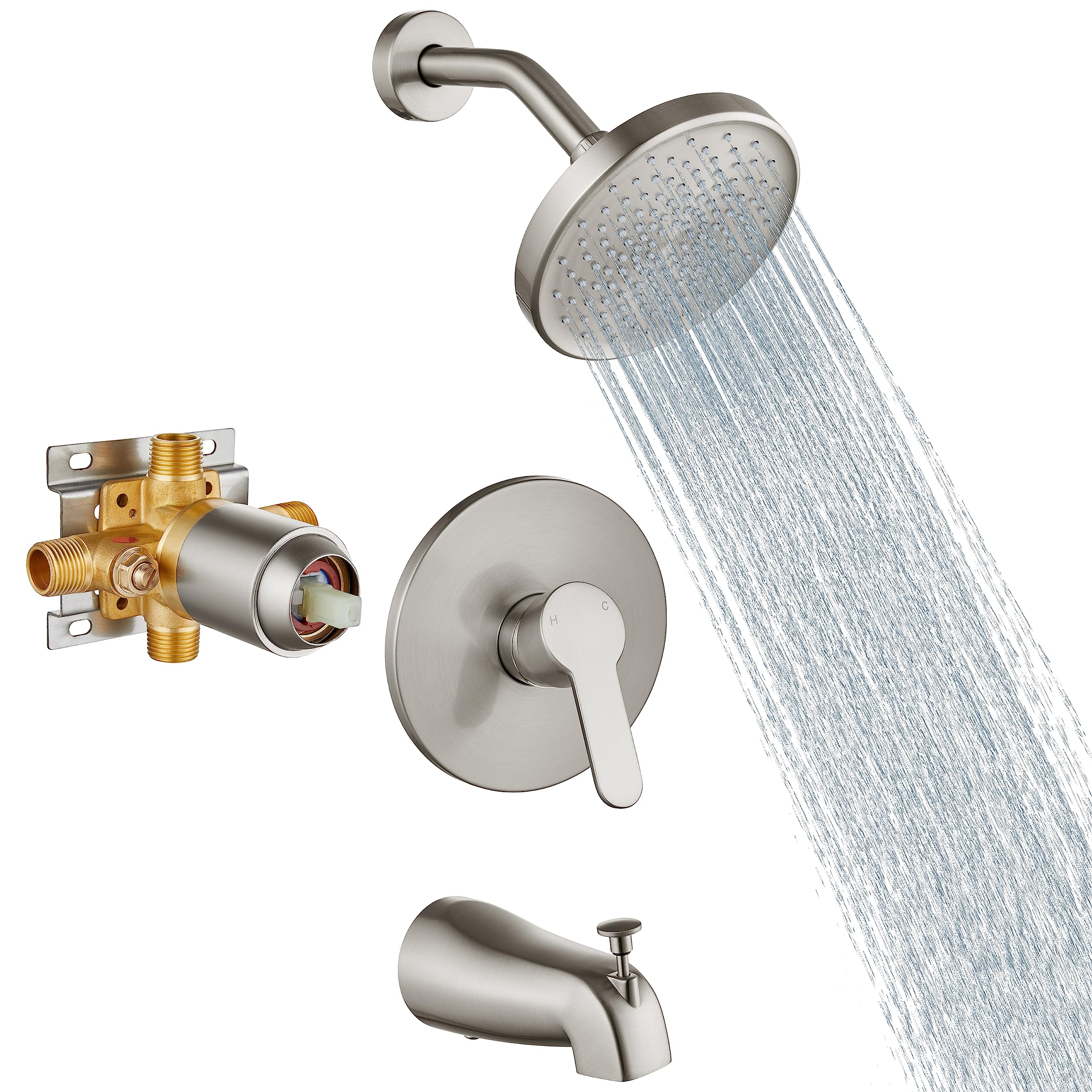 Aolemi Brushed Nickel Tub Shower Faucet Set With Valve Wall Mount Shower Trim Kit 6 Inch Bathtub Fixtures With Pressure Balance Rough-in Valve Single-Spray Shower Head System and 5.3 Inch Tub Spout