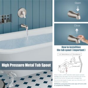 Aolemi Brushed Nickel Tub Shower Faucet Set With Valve Wall Mount Shower Trim Kit 6 Inch Bathtub Fixtures With Pressure Balance Rough-in Valve Single-Spray Shower Head System and 5.3 Inch Tub Spout