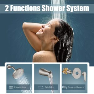 Aolemi Brushed Nickel Tub Shower Faucet Set With Valve Wall Mount Shower Trim Kit 6 Inch Bathtub Fixtures With Pressure Balance Rough-in Valve Single-Spray Shower Head System and 5.3 Inch Tub Spout