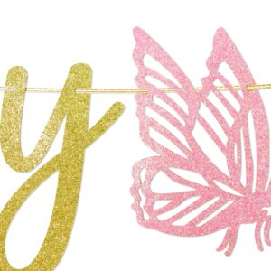 Butterfly Kisses and Baby Wishes Banner, Butterfly Themed Baby Shower Decorations for Girl, Pre-assembled, Gold Glitter