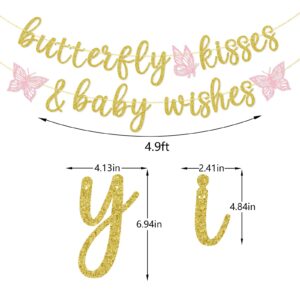 Butterfly Kisses and Baby Wishes Banner, Butterfly Themed Baby Shower Decorations for Girl, Pre-assembled, Gold Glitter