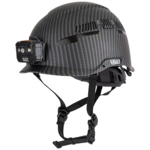 klein tools 60517 safety helmet, vented class c with rechargeable lamp and chin strap, premium karbn pattern, adjustable vents