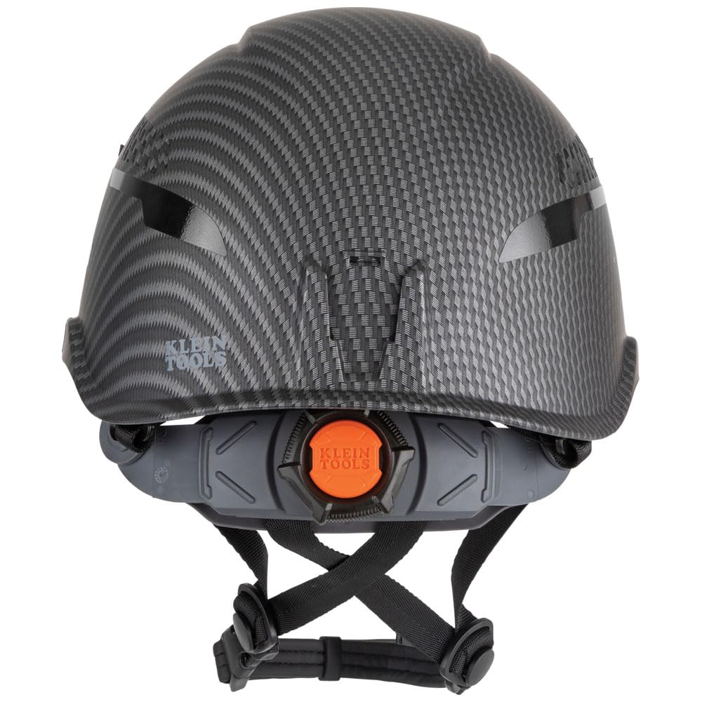 Klein Tools 60517 Safety Helmet, Vented Class C with Rechargeable Lamp and Chin Strap, Premium KARBN Pattern, Adjustable Vents