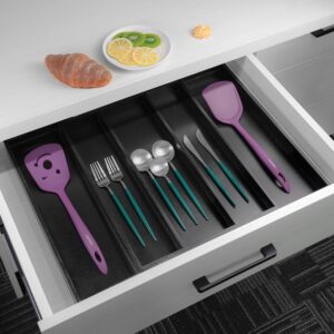 Utoplike Bamboo Drawer Organizer Kitchen Utensils, Adjustable Black Silverware Holder and Cutlery Tray Organiser, Expandable Drawer Divider for Flatware, Knives in Kitchen, Bedroom, Living Room