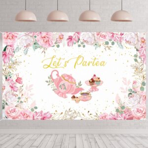 let's partea tea party birthday backdrop tea party banner decorations tea party picture background for baby shower birthday party decorations photo booth (white, 6 x 3.6 ft)