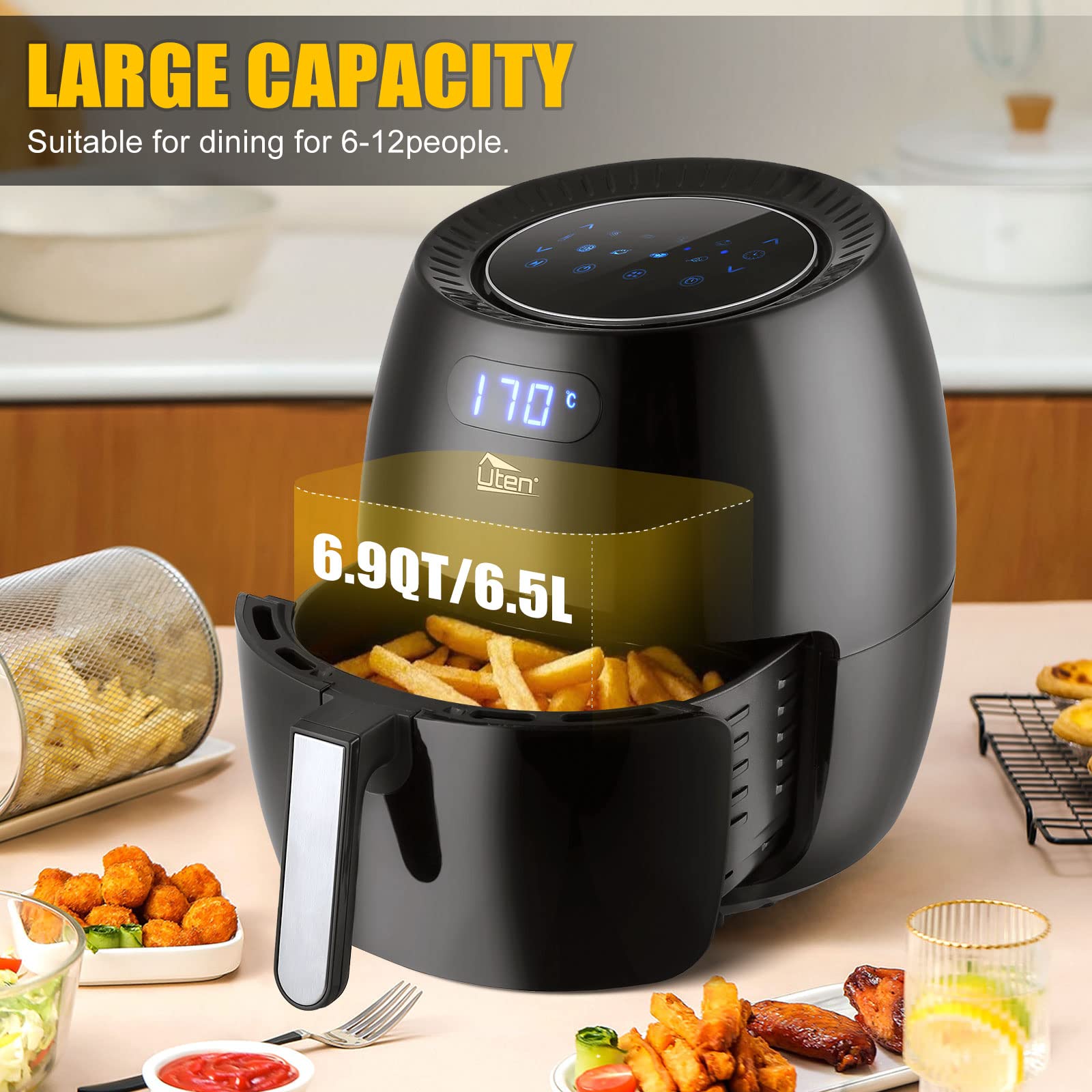 Uten Air Fryer 6.9 QT Fit for 6-8 People, Oven Cooking with Temperature Control, Extra Hot Air Fry, 8-in-1, Broil, Roast, Dehydrate, Bake, 6.5L Nonstick Basket, LED Digital Touchscreen, Air Fryer xl