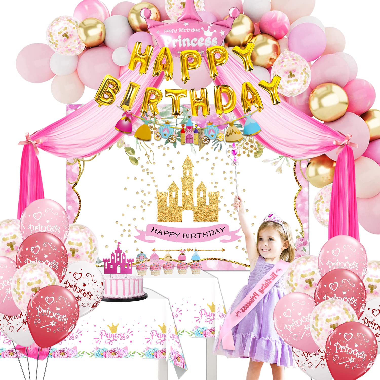 GREPARPY Princess Party Decorations - Princess Birthday Decorations Include Balloon Arch, Banner, Backdrop, Tablecloth, Tulle, Crown, Wand, Sash, Cake Topper, Girls Princess Birthday Party Supplies