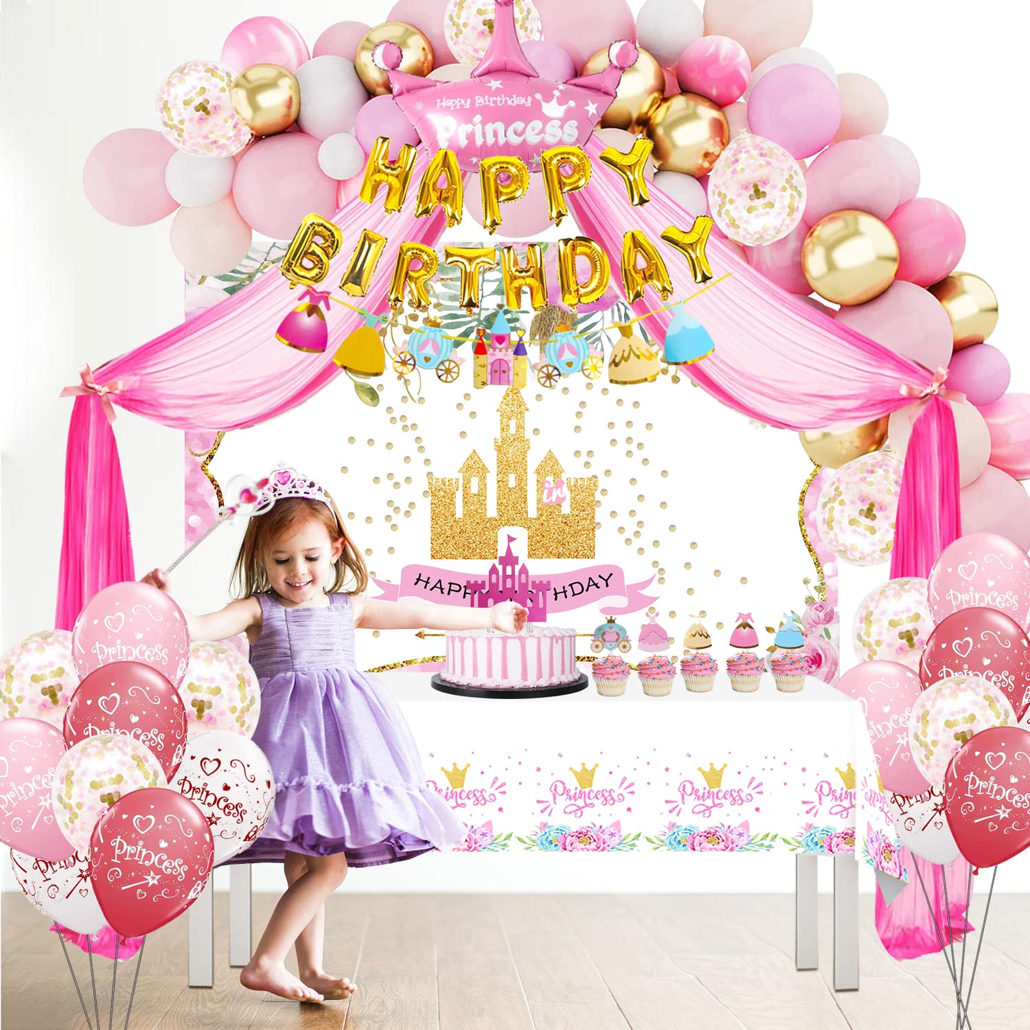 GREPARPY Princess Party Decorations - Princess Birthday Decorations Include Balloon Arch, Banner, Backdrop, Tablecloth, Tulle, Crown, Wand, Sash, Cake Topper, Girls Princess Birthday Party Supplies