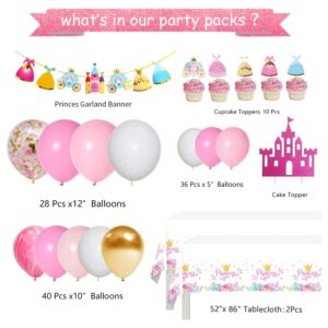 GREPARPY Princess Party Decorations - Princess Birthday Decorations Include Balloon Arch, Banner, Backdrop, Tablecloth, Tulle, Crown, Wand, Sash, Cake Topper, Girls Princess Birthday Party Supplies