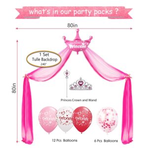 GREPARPY Princess Party Decorations - Princess Birthday Decorations Include Balloon Arch, Banner, Backdrop, Tablecloth, Tulle, Crown, Wand, Sash, Cake Topper, Girls Princess Birthday Party Supplies