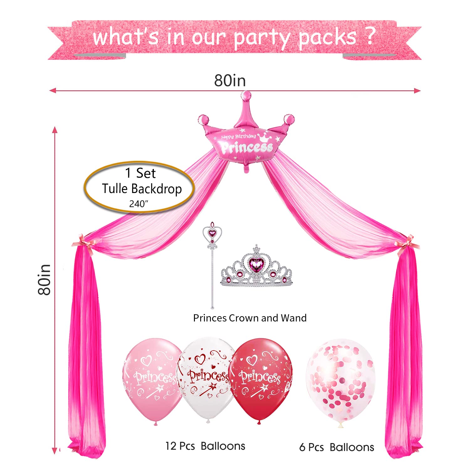 GREPARPY Princess Party Decorations - Princess Birthday Decorations Include Balloon Arch, Banner, Backdrop, Tablecloth, Tulle, Crown, Wand, Sash, Cake Topper, Girls Princess Birthday Party Supplies