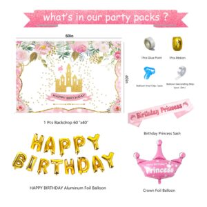 GREPARPY Princess Party Decorations - Princess Birthday Decorations Include Balloon Arch, Banner, Backdrop, Tablecloth, Tulle, Crown, Wand, Sash, Cake Topper, Girls Princess Birthday Party Supplies