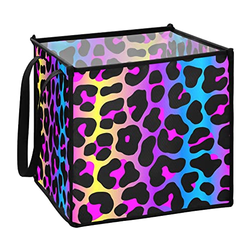 Blueangle Neon Gradient Leopard Print Cube Storage Bin with Handles, 13 x 13 x 13 in, Large Collapsible Organizer Storage Basket for Home Décor（945）