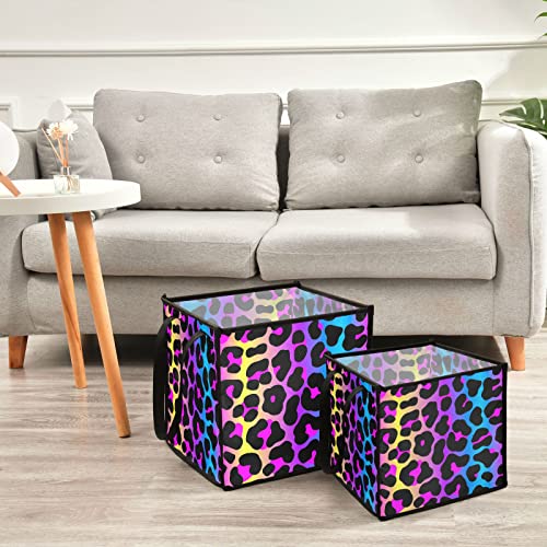 Blueangle Neon Gradient Leopard Print Cube Storage Bin with Handles, 13 x 13 x 13 in, Large Collapsible Organizer Storage Basket for Home Décor（945）