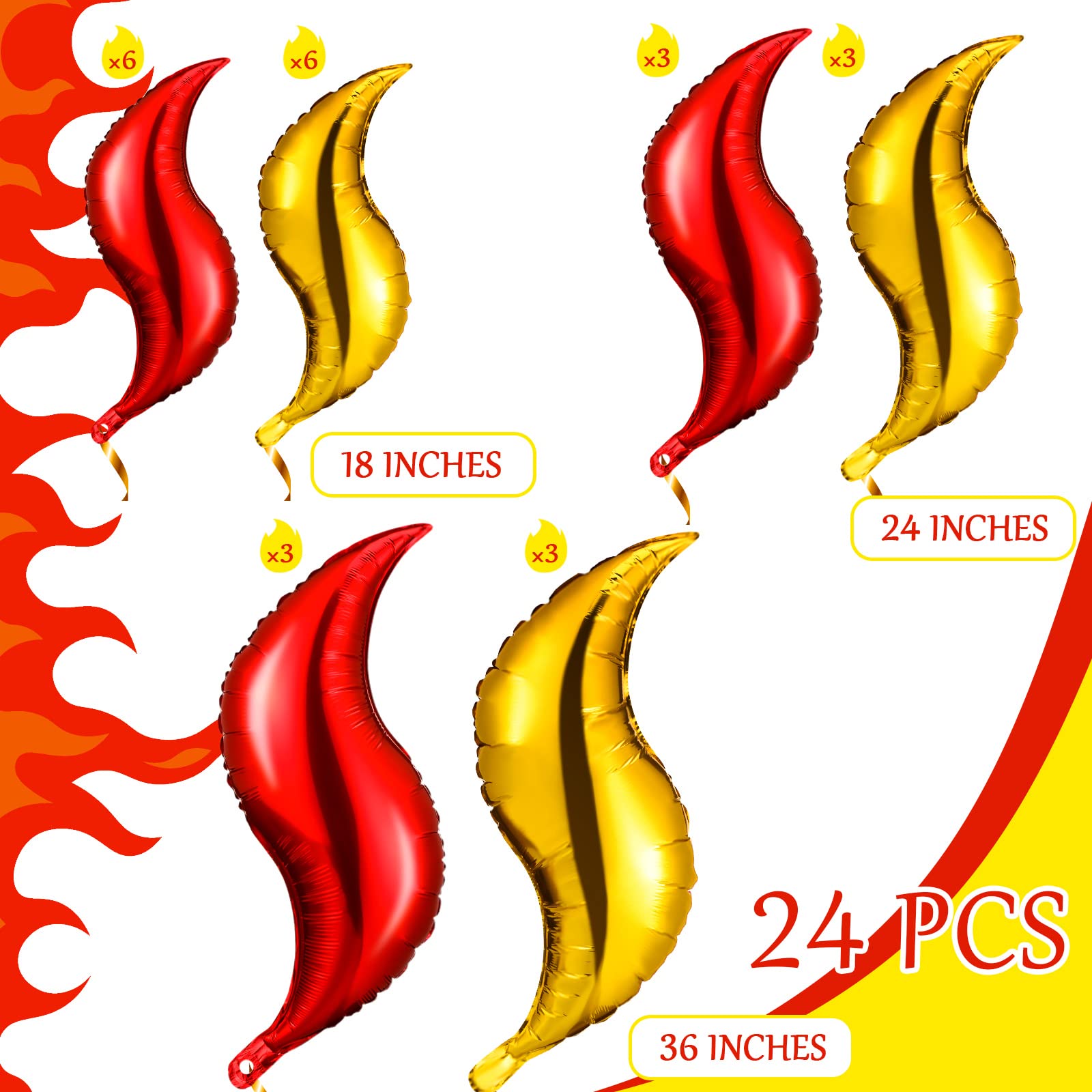 24 Pcs Fire Balloons Fire Truck Birthday Balloons Fire Flame Balloons Firefighter Birthday Party Decorations Red and Gold Mermaid Tail Balloon for Fireman Rescue Theme Party Supplies, 36/24/18 Inch