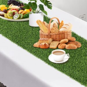 Kesfey 12 x 36 Inch Artificial Grass Table Runners Washable Green Synthetic Home Decor Faux Table Runner Trimmable Green Artificial Tabletop Supplies for Golf Themed Party Dining Decor Baby Shower