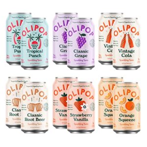 olipop - 6-flavor sparkling tonic best sellers variety pack, prebiotic soda sampler, rich in botanicals, 9g of dietary plant fiber, 2-5g sugar per can, vegan, paleo-friendly, non-gmo (12 oz, 12-pack)