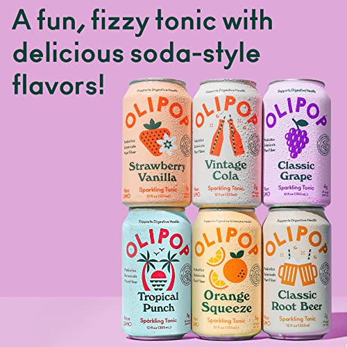 Olipop - 6-Flavor Sparkling Tonic Best Sellers Variety Pack, Prebiotic Soda Sampler, Rich in Botanicals, 9g of Dietary Plant Fiber, 2-5g Sugar per Can, Vegan, Paleo-Friendly, Non-GMO (12 oz, 12-Pack)