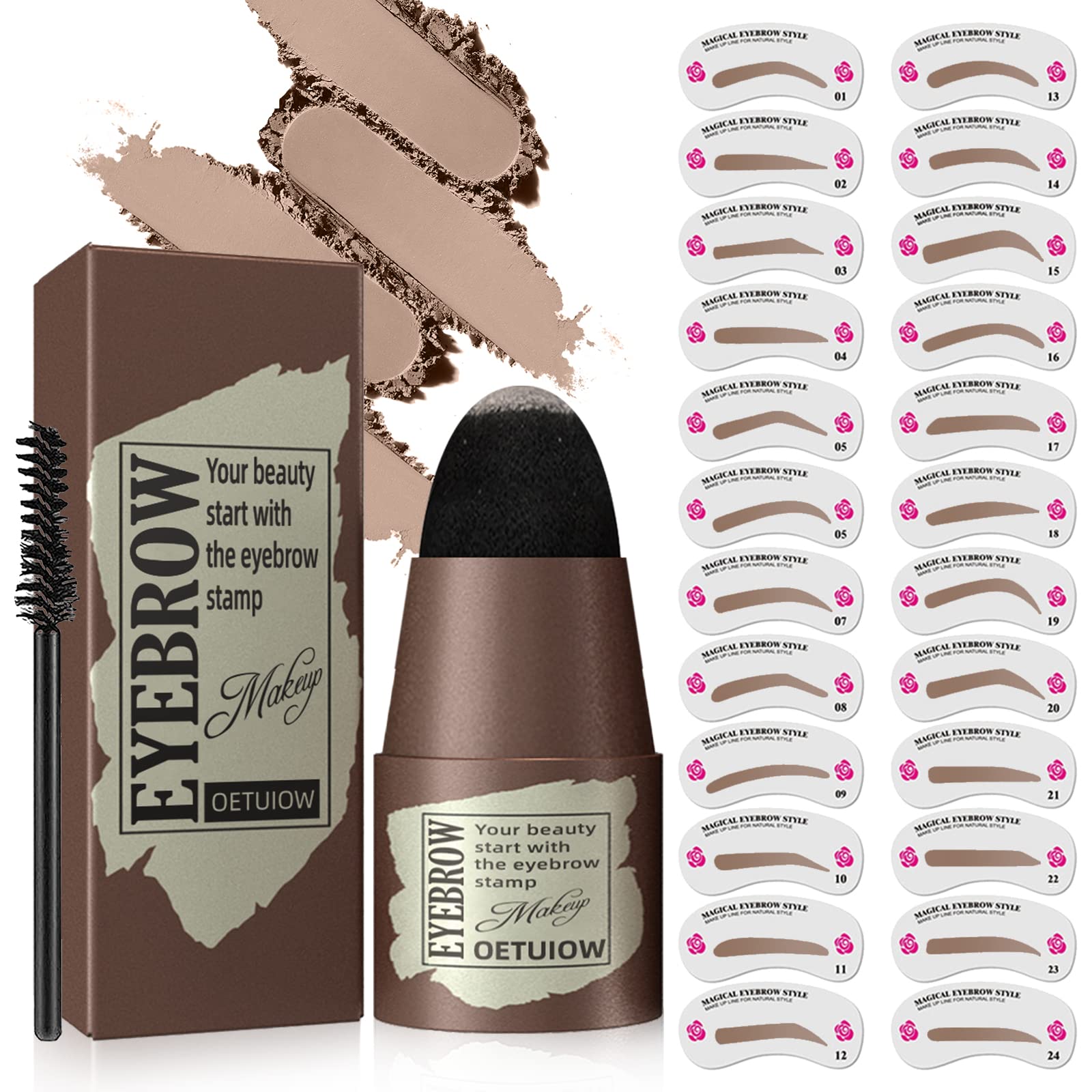 Eyebrow Stamp Stencil Kit - 1 Step Brow Stamp Kit Smudge-Proof and Long-Lasting Waterproof with 24 Reusable Thin & Thick Eyebrow Stencils, Eyebrow Brush for Perfect Brow (Light Brown)