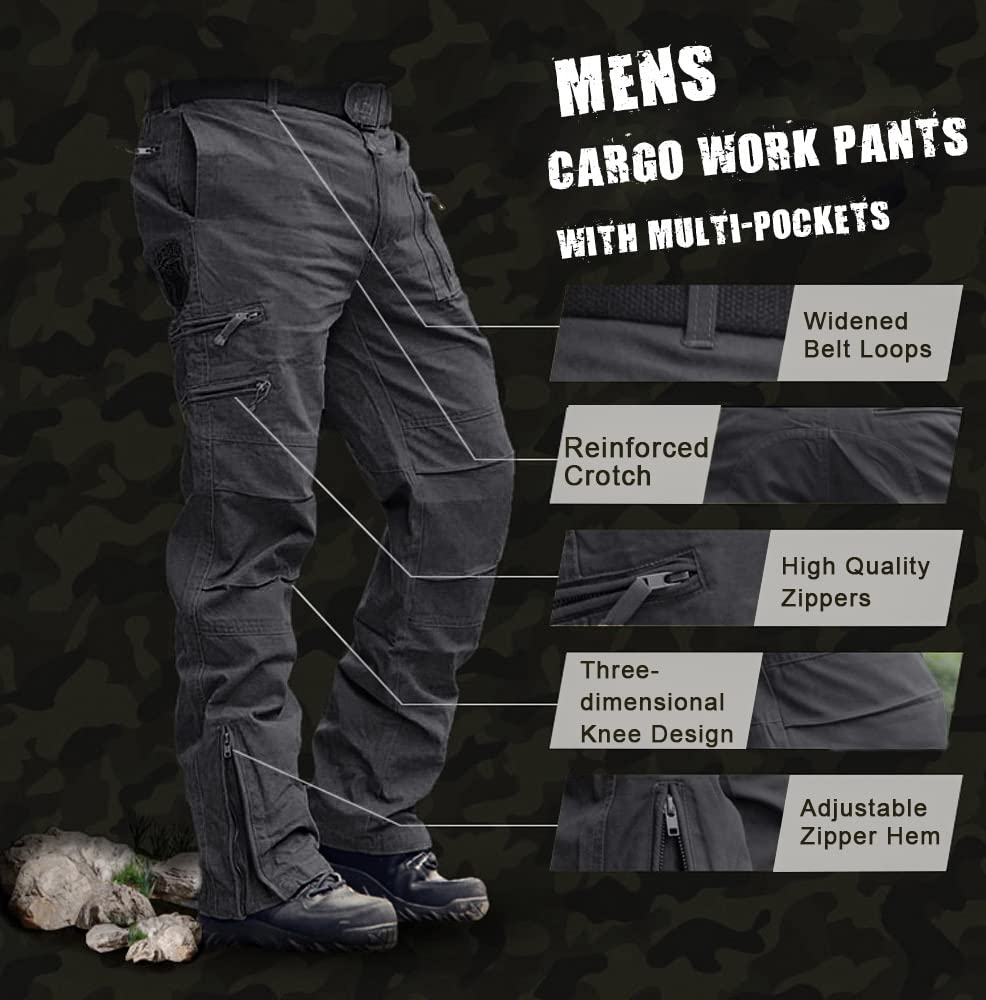 AKARMY Men's Work Pants, Cargo Pants for Men, Straight Tactical Pants, Work Travel Casual Pant with Multi Zipper Pockets 9920 Gray 34