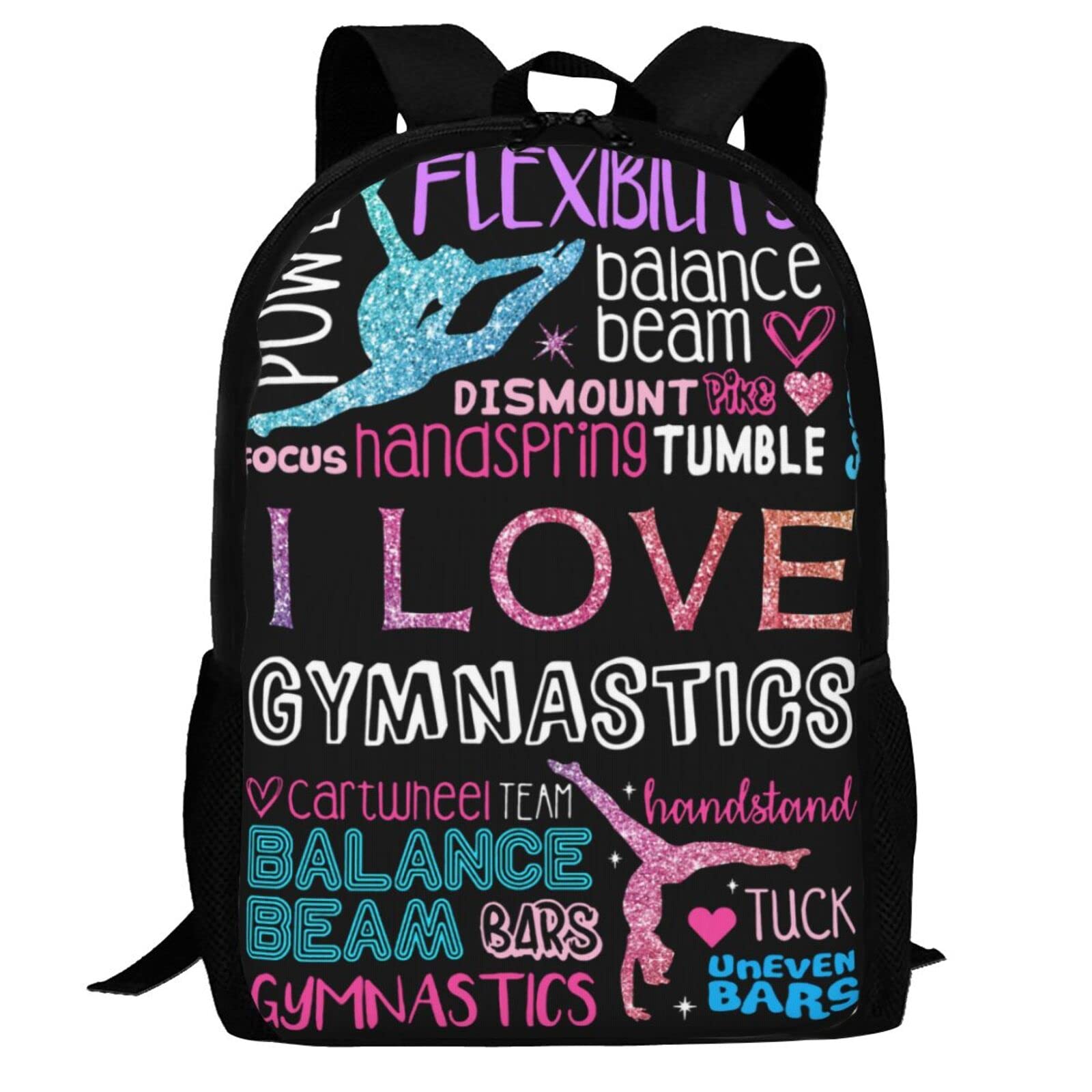 ALIFAFA Kids I Love Gymnastics School Backpack Bookbag for Teens Boys Girls, Blue Pink School & Travel Backpacks for Elementary Middle High College Students, Unique Casual 17 Inch Daypack Rucksack