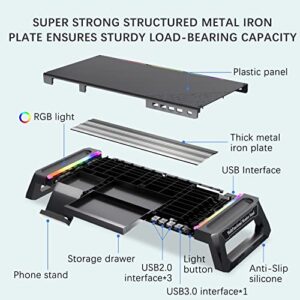 MOOJAY Monitor Stand Riser for Desk RGB Gaming Lights with USB 3.0 & 2.0 Hub, Foldable Computer Monitor Stand with Storage Drawer, Phone Holder, Desk Organizer and Pen Tray for PC/iMac