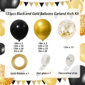 RUBFAC 130pcs Black and Gold Balloons, Balloons Garland Arch Kit, Black Metal Gold and Metallic Confetti Gold Balloons for Graduation Party Baby Shower Wedding Birthday Anniversary