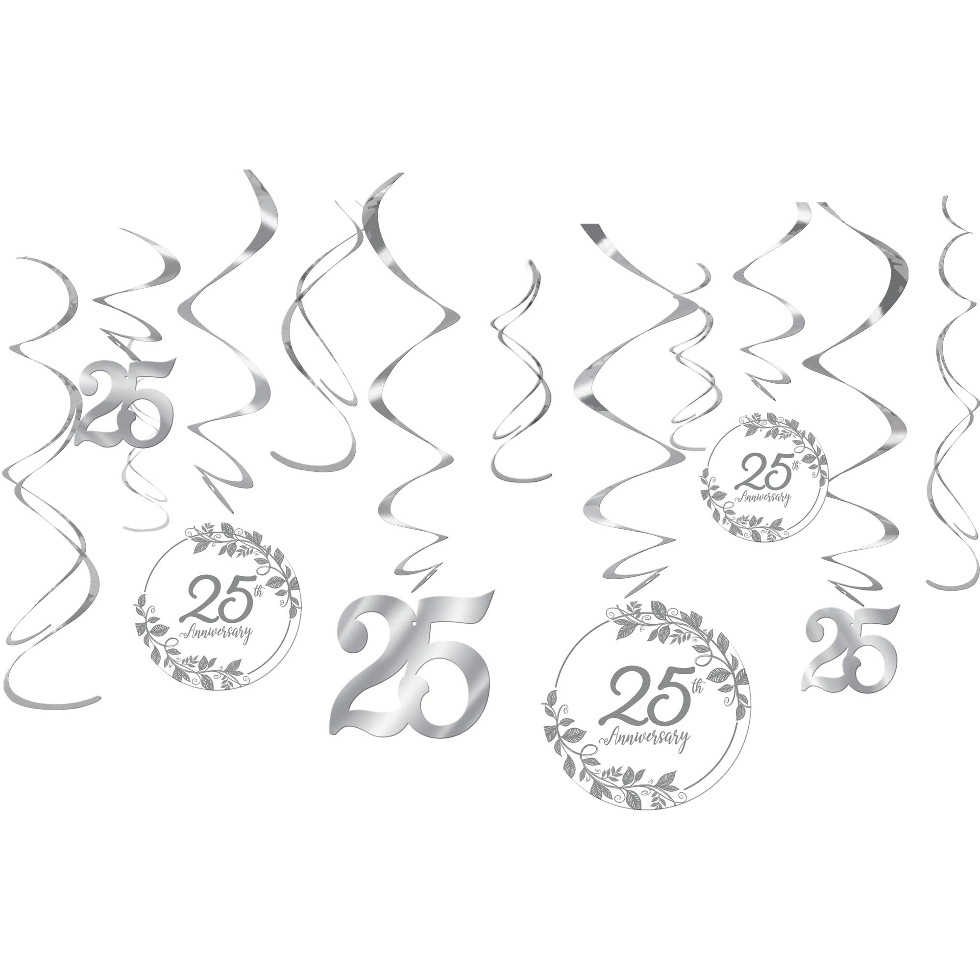 Happy 25th Anniversary Silver Foil Hanging Swirl Decorations (Pack Of 12) - 5" & 7" - Stunning Design - Perfect Table Decoration For Themed Events, Parties, Special Occasions, & More