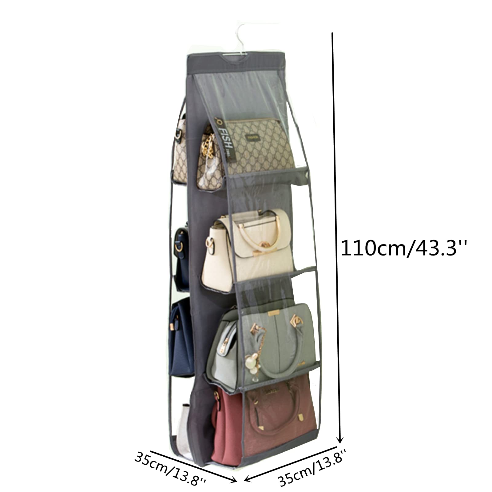 HAN SHENG 2 Pcs 8 Pockets Hanging Purse Handbag Organizer Clear Hanging Shelf Bag Collection Storage Holder Purse Bag Wardrobe Closet Space Saving Organizers (Grey)