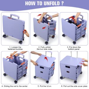 Foldable Utility Cart Folding Portable Rolling Crate with Magnetic Extended Lid,360°Rotate Wheels,176LBS Load Capacity,Heavy Duty Durable Dolly Cart for Teacher Tourist Shopping Office Outdoor Purple