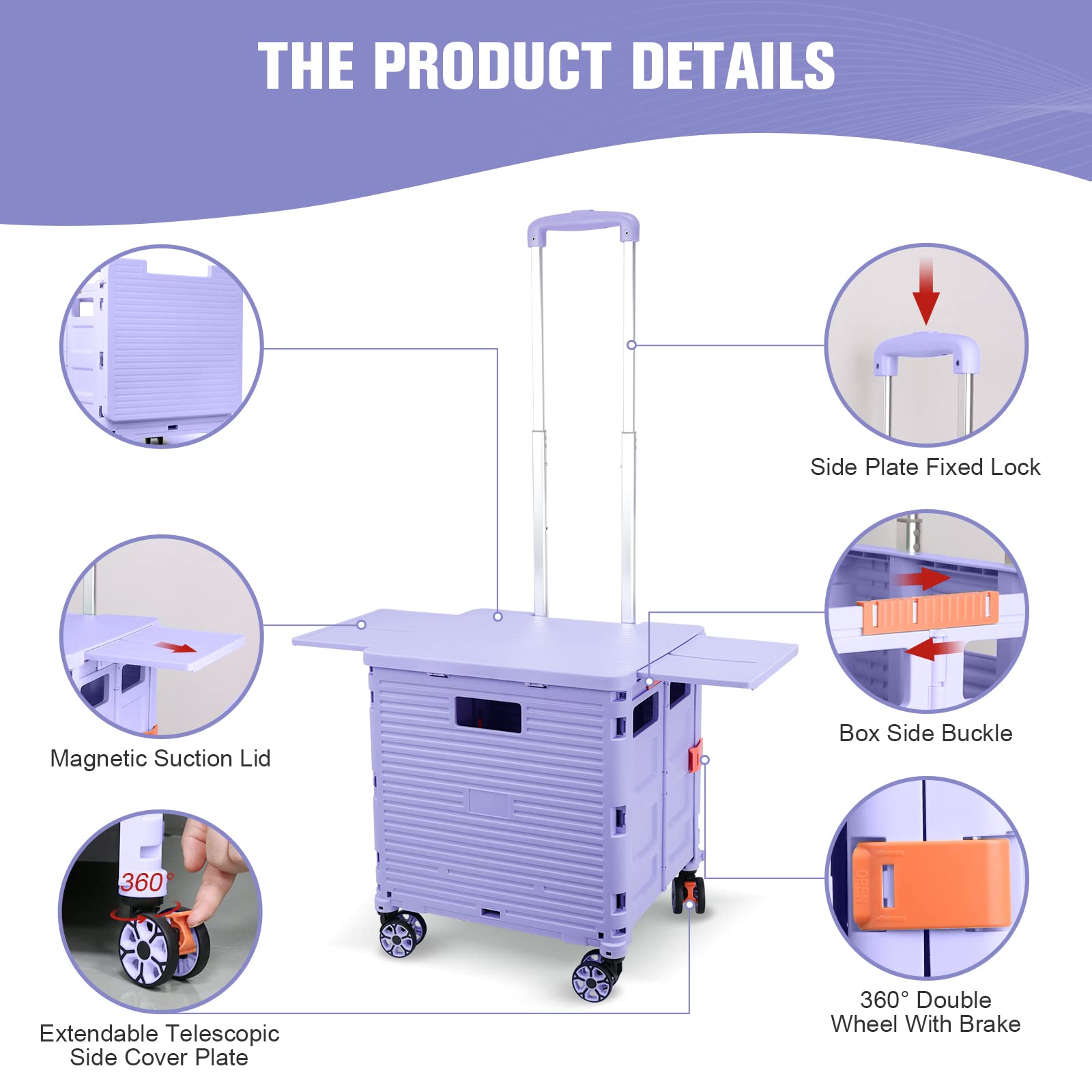 Foldable Utility Cart Folding Portable Rolling Crate with Magnetic Extended Lid,360°Rotate Wheels,176LBS Load Capacity,Heavy Duty Durable Dolly Cart for Teacher Tourist Shopping Office Outdoor Purple