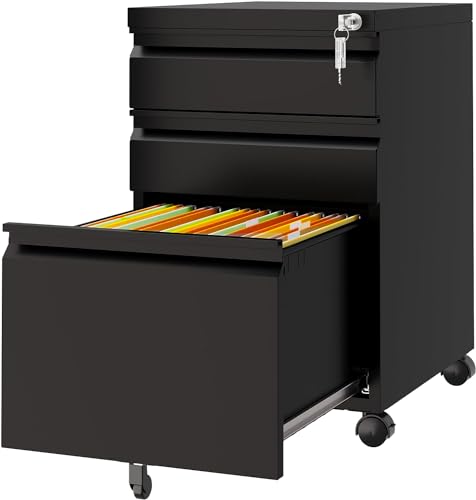 INTERGREAT Rolling File Cabinet with Wheels, 3 Drawer Metal Mobile Filing Cabinet with Lock, Black Vertical File Cabinet Under Desk with Hanging Bars, Fully Assembled