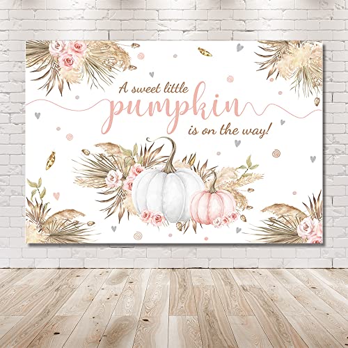 MEHOFOND 7x5ft Autumn Boho Little Pumpkin Backdrop for Girl Baby Shower Fall Leaves Pampas Grass Pink White Floral Background for Photography Party Decorations Banner Photo Booth Props