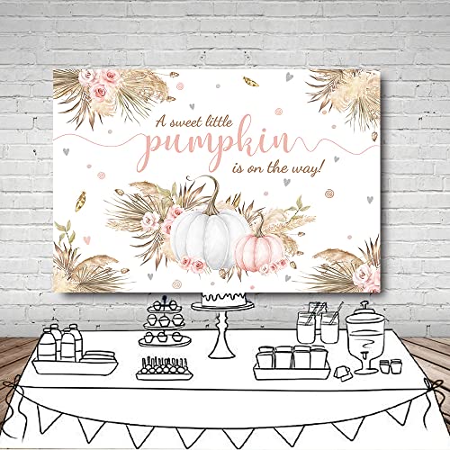 MEHOFOND 7x5ft Autumn Boho Little Pumpkin Backdrop for Girl Baby Shower Fall Leaves Pampas Grass Pink White Floral Background for Photography Party Decorations Banner Photo Booth Props