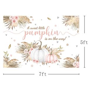 MEHOFOND 7x5ft Autumn Boho Little Pumpkin Backdrop for Girl Baby Shower Fall Leaves Pampas Grass Pink White Floral Background for Photography Party Decorations Banner Photo Booth Props