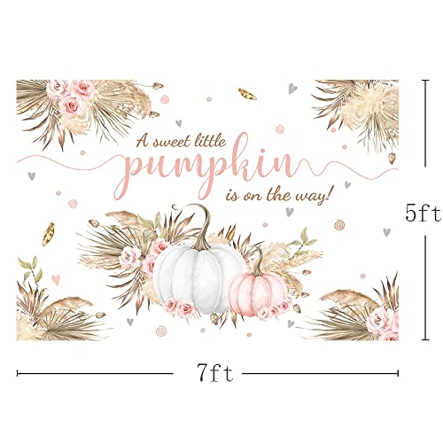 MEHOFOND 7x5ft Autumn Boho Little Pumpkin Backdrop for Girl Baby Shower Fall Leaves Pampas Grass Pink White Floral Background for Photography Party Decorations Banner Photo Booth Props